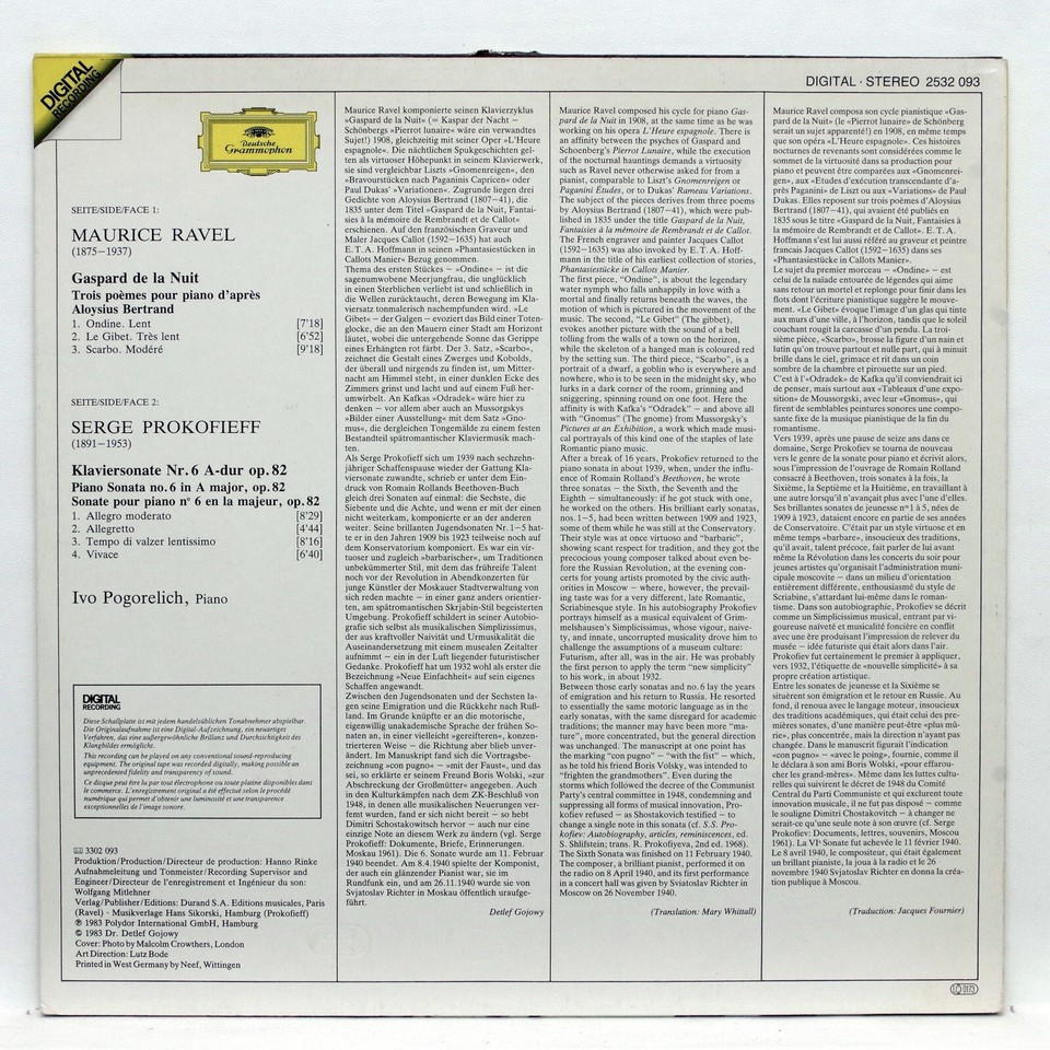 IVO POGORELICH ⸺ RAVEL gaspard de la nuit PROKOVIEV sonata ⸺ DGG LP NM ...