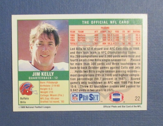 JIM KELLY Buffalo BILLS 1989 PRO SET Football Card # 22 | eBay