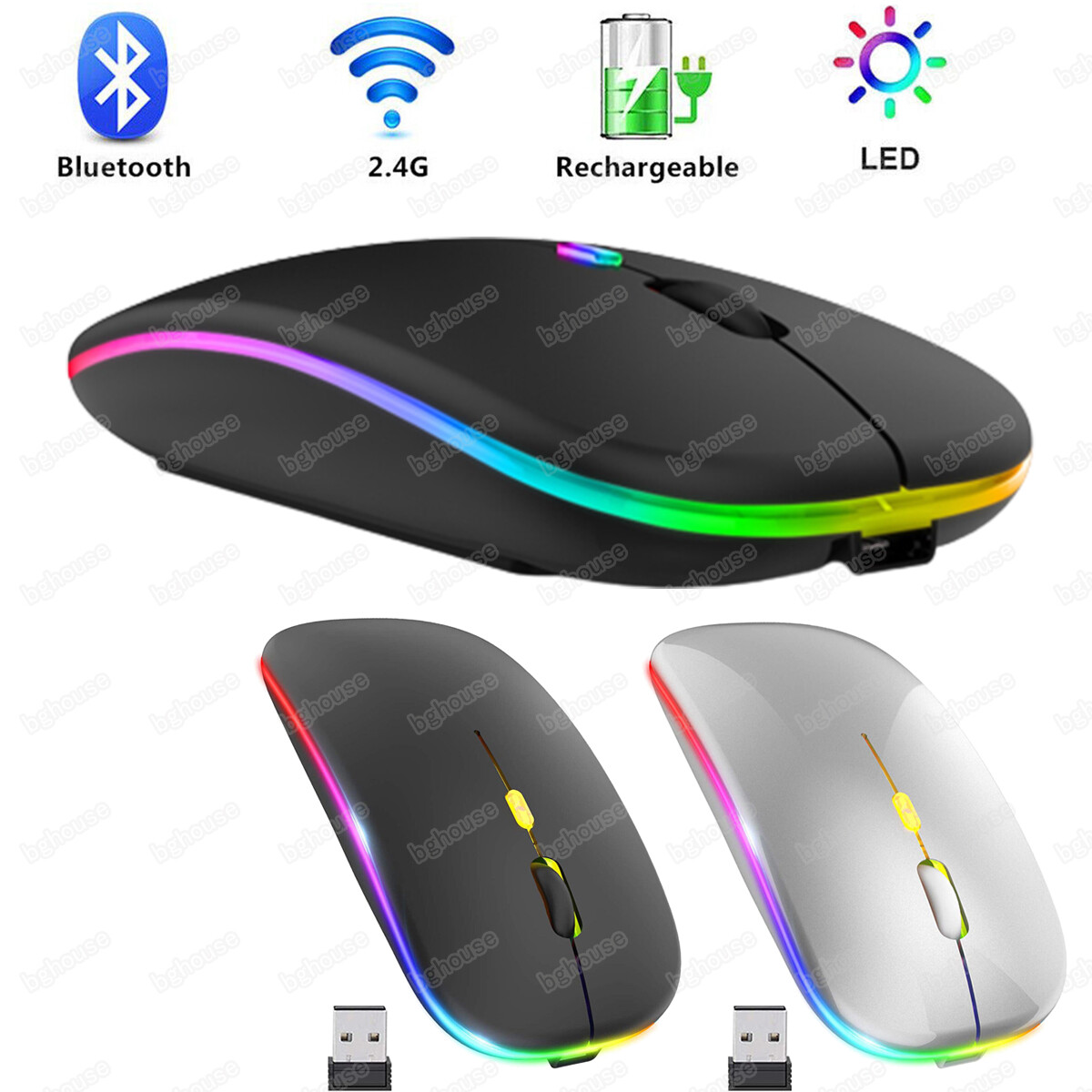 2.4GHz Bluetooth Wireless Optical Mouse USB Rechargeable RGB Mice for ...