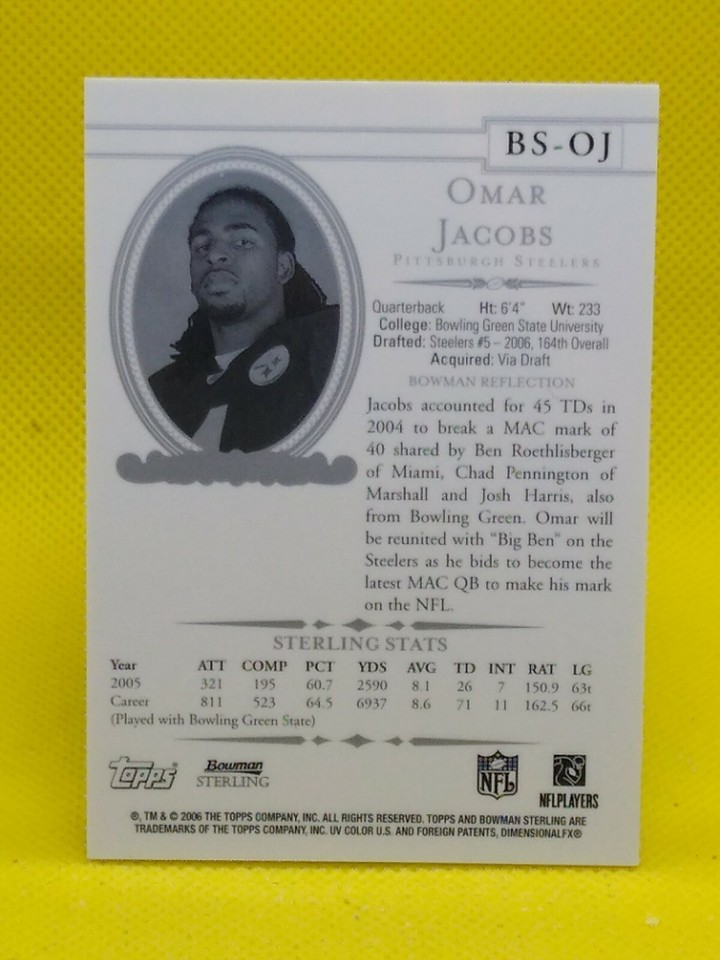 Omar Jacobs 2006 Bowman Sterling ROOKIE JERSEY #BS-OJ Steelers Bowling ...