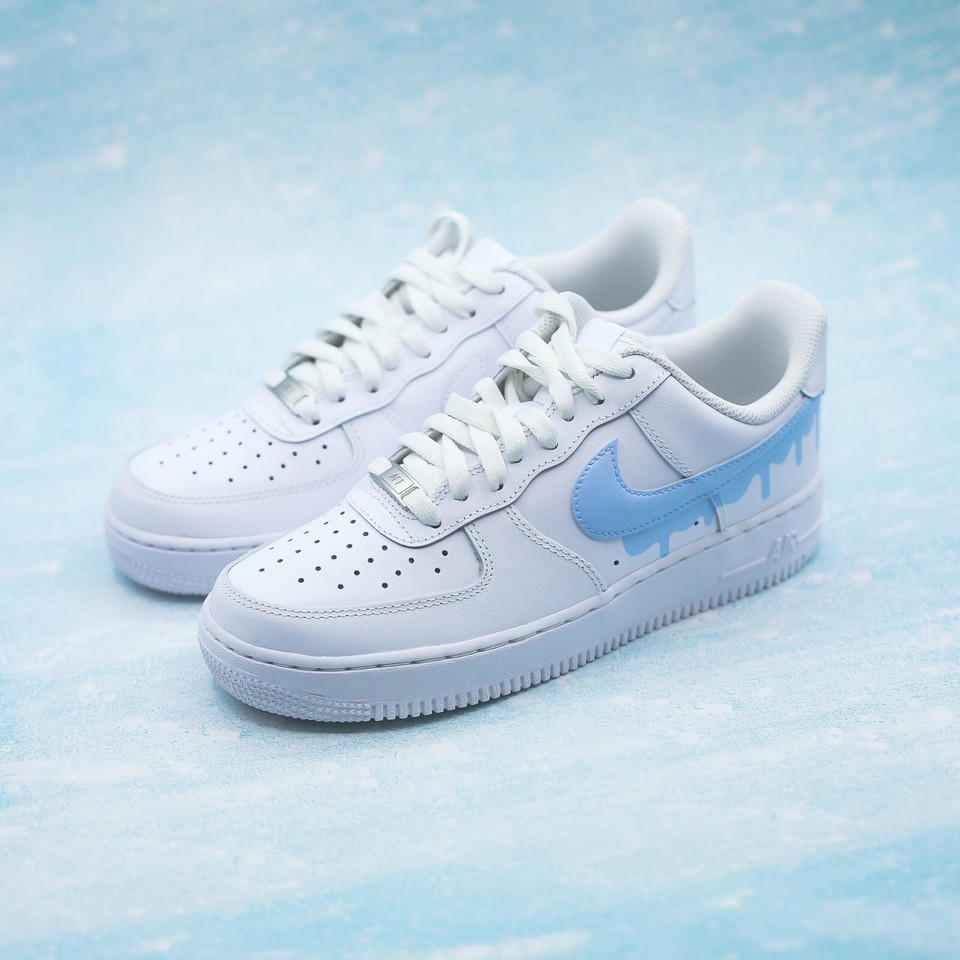 Air Force 1 Custom White Shoes "Baby Blue UNC Drip Swoosh" Mens Womens ...