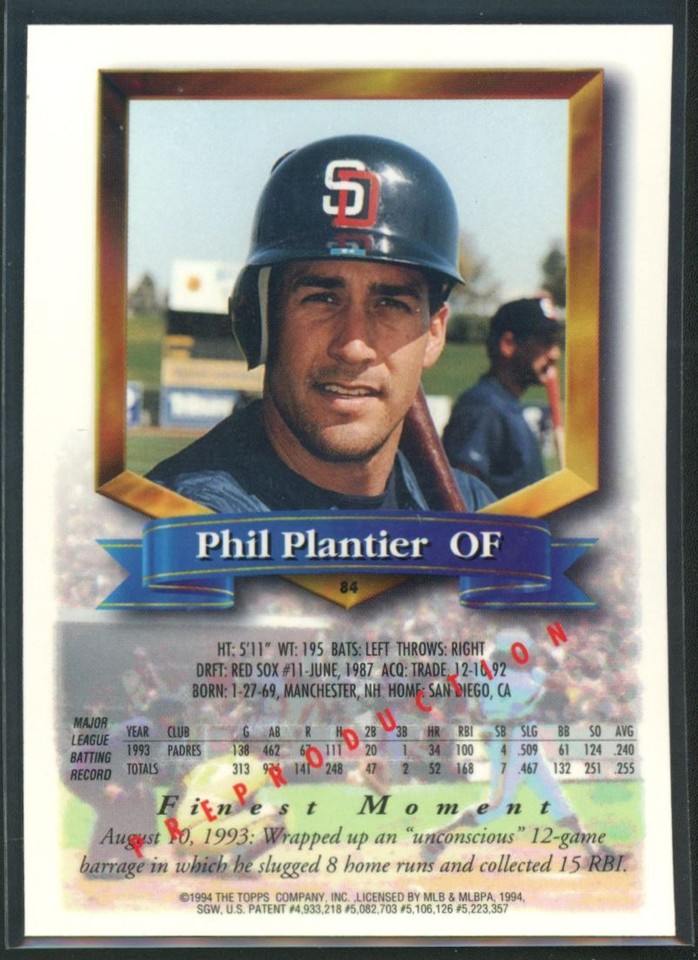 1994 Topps Finest Preproduction Phil Plantier San Diego Padres #84 | eBay