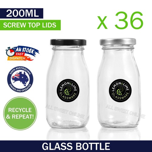 36x 200ML Mini Small Glass Milk Juice Candy Bottle Screw Top Lid ...