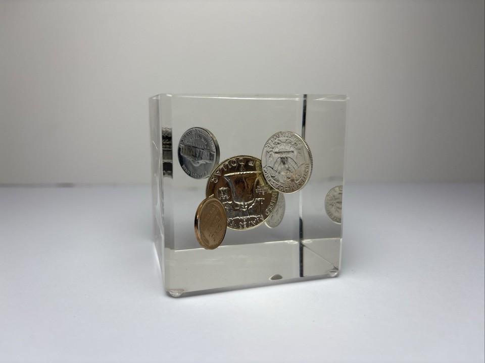 Vintage Lucite Acrylic Paperweight 1958 Floating Suspended Coins in ...