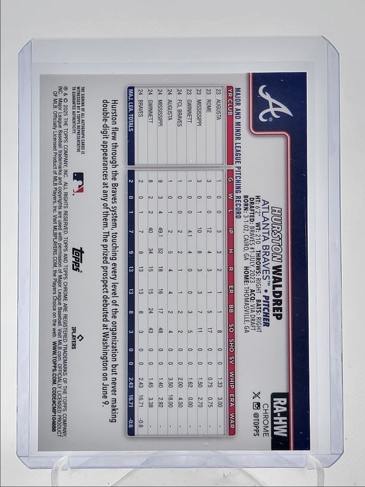 HURSTON WALDREP 2025 TOPPS CHROME ROOKIE AUTOGRAPH BRAVES B RC AUTO ...