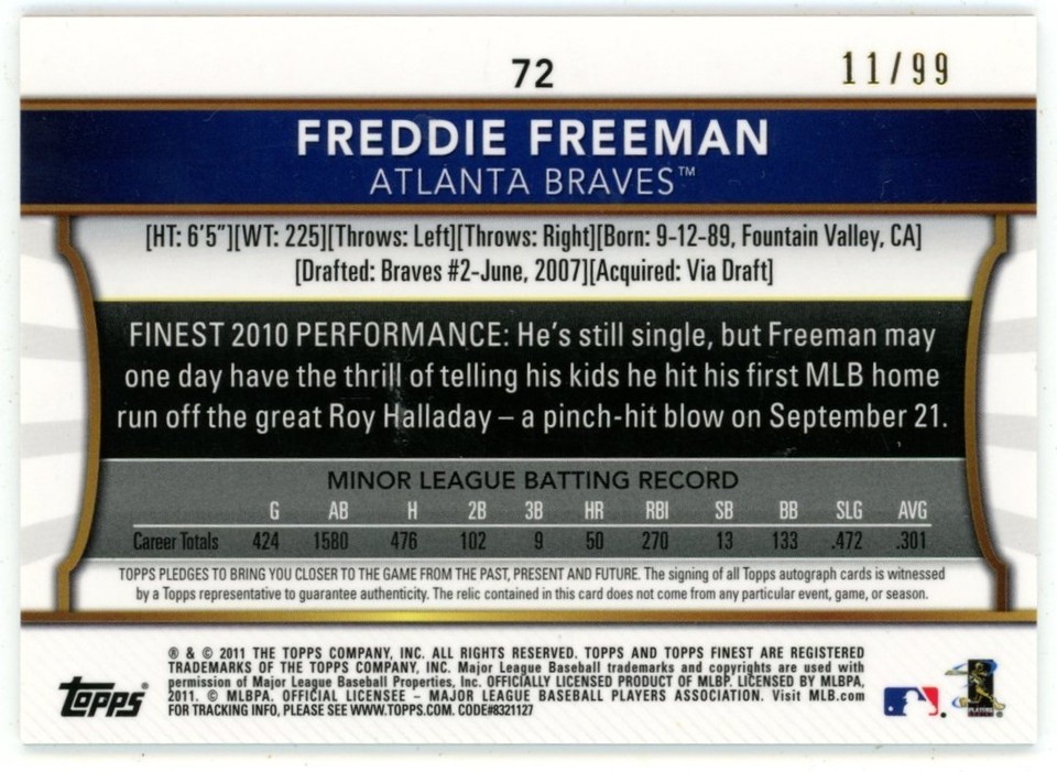 2011 Topps Finest Freddie Freeman Orange Rookie Card RC Auto Dual Patch ...