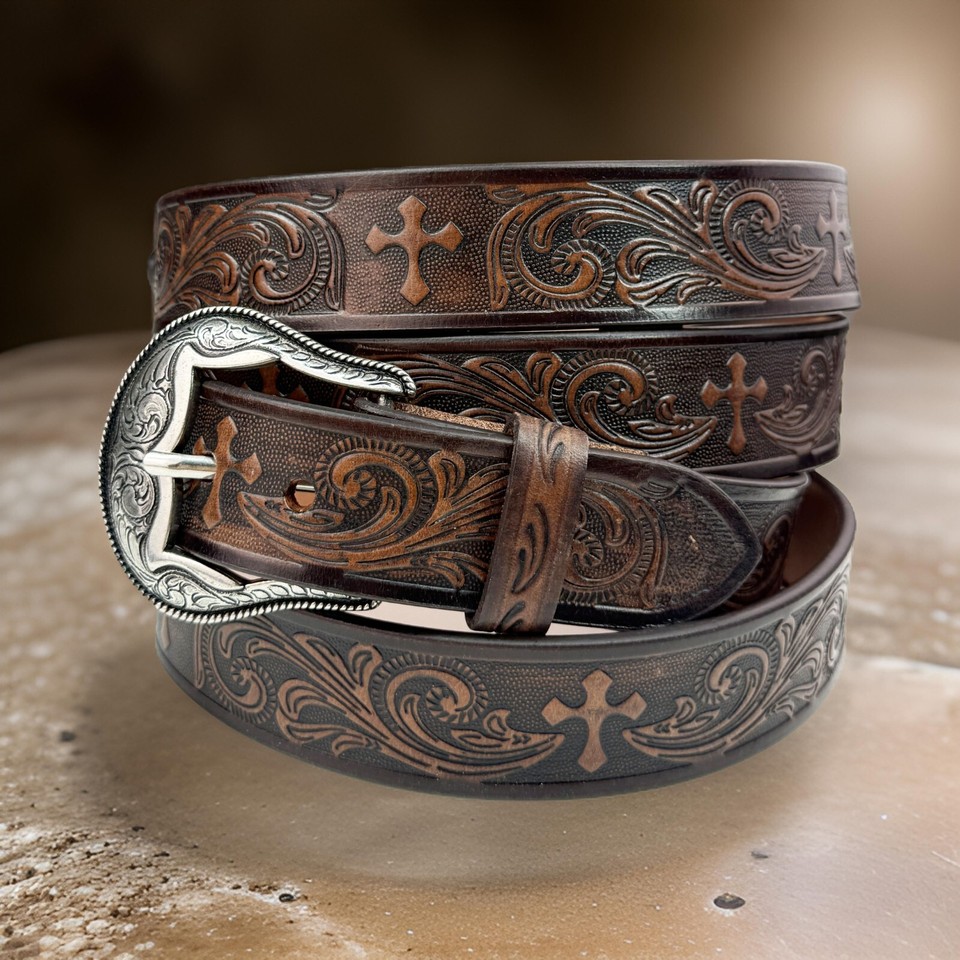 Full Grain Leather Hand Tooled Western Belt Cowboy Rodeo Cross ...