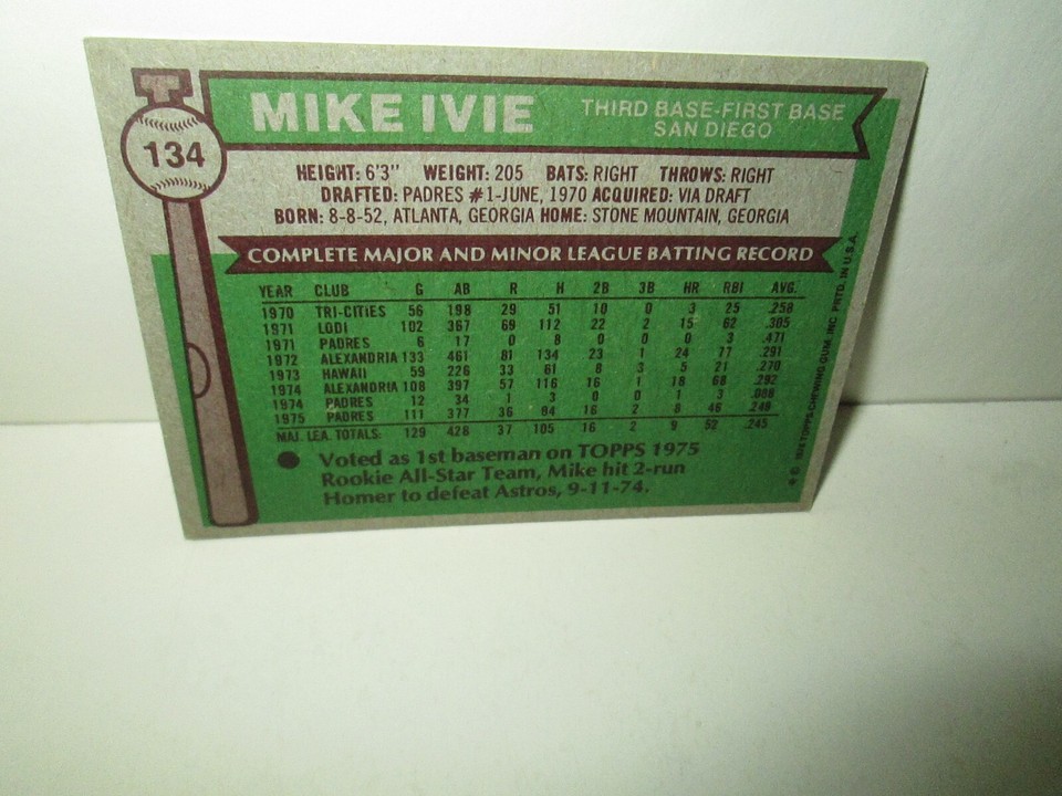 MIKE IVIE 1976 Topps Baseball card #134 Rookie Rc SAN DIEGO PADRES Exc ...