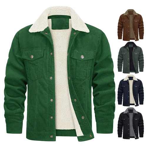 Men Winter Lapel Jacket Warm Bodywarmer Outwear Fleece Corduroy Lined ...