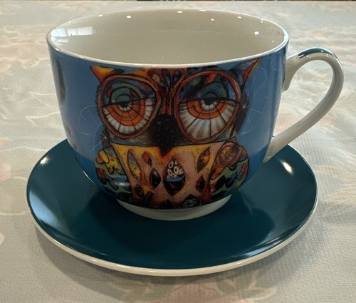 ALLEN DESIGNS Groovy Owl Mug Fine China Large 16 oz Coffee Cup Blue ...