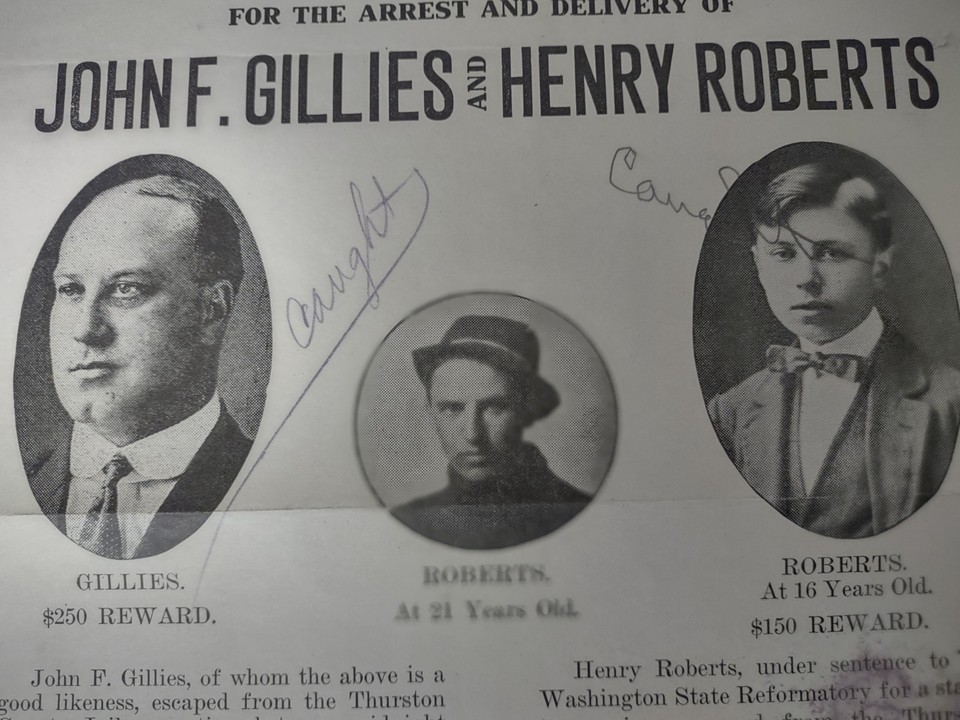 1916 Wanted Escaped Poster Olympia Washington, John Gillies & Henry ...