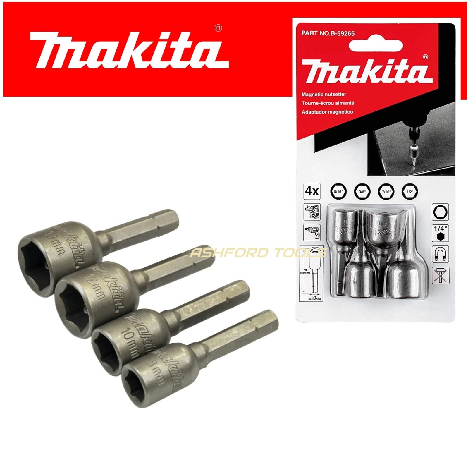 Makita Nut Setter Socket Set x4 Magnetic 13mm 12mm 10mm 8mm Hex Short ...