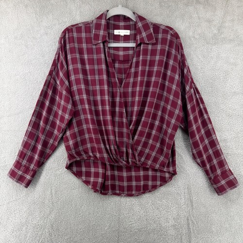 LOFT Lou & Grey Top Womens S Burgundy Plaid Surplice V-Neck Long ...