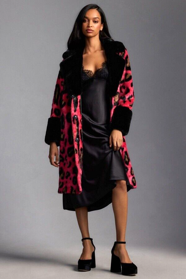 NEW ANTHROPOLOGIE MAEVE COLORBLOCK LEOPARD FAUX FUR JACKET MIDI COAT ...