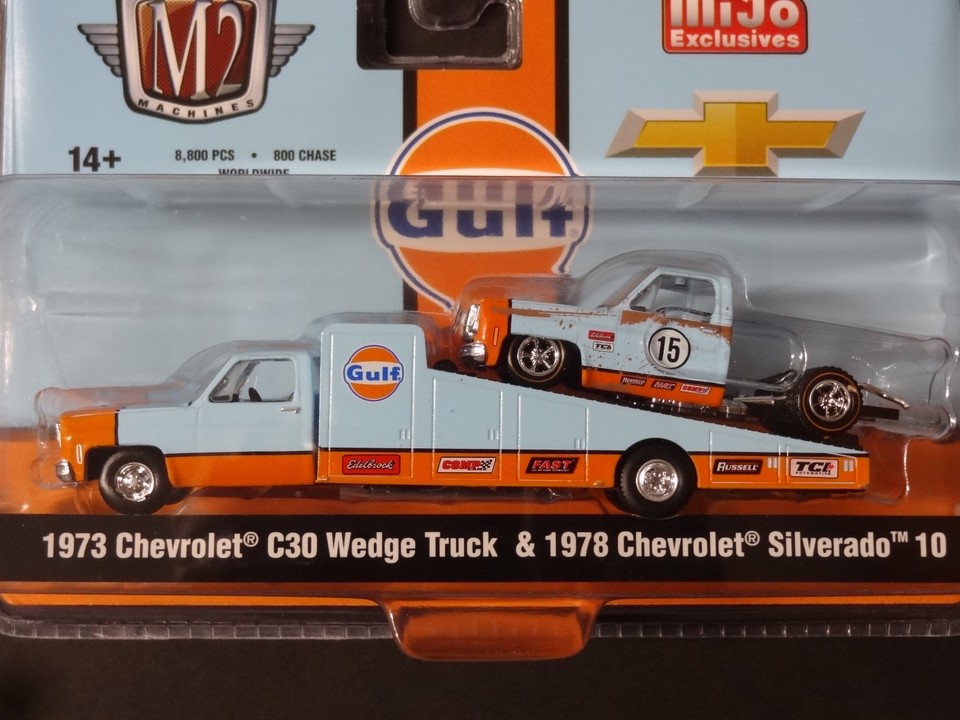 M2 MACHINES - GULF - 1973 CHEVY C30 WEDGE TRUCK & 1978 CHEVY SILVERADO ...