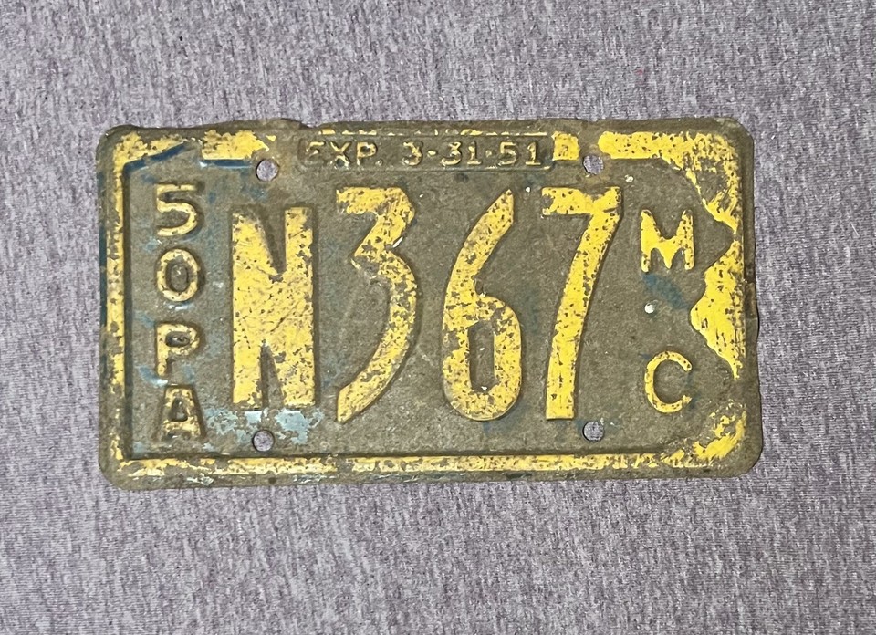 Pennsylvania 1950 MOTORCYCLE License Plate # 50PA N367 MC | eBay