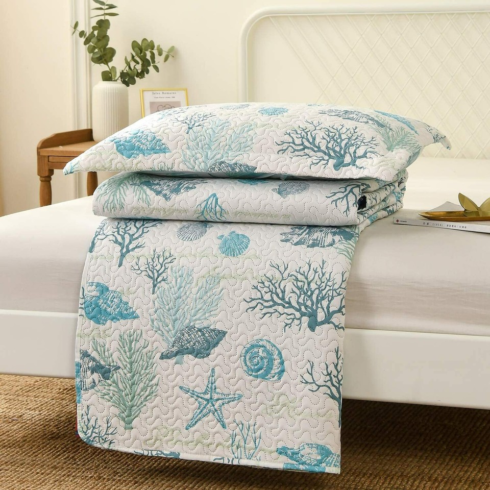 Blue Green Beach Seashell Ocean Coastal Coral 3pc Quilt Set Twin Full ...