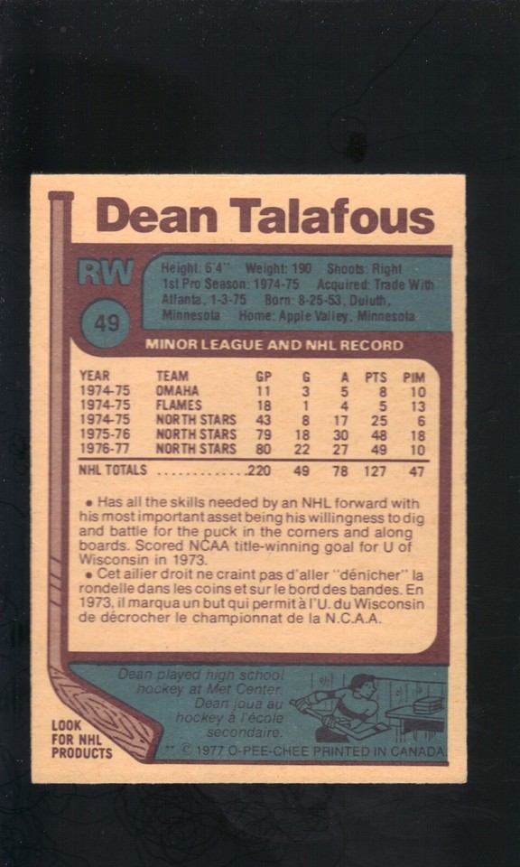 1977-78 O-PEE-CHEE HOCKEY CARD DEAN TALAFOUS #49 NM-MT NORTH STARS | eBay
