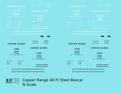 K4 N Scale Decals Copper Range 40 Ft Single Door Boxcar Black and White ...
