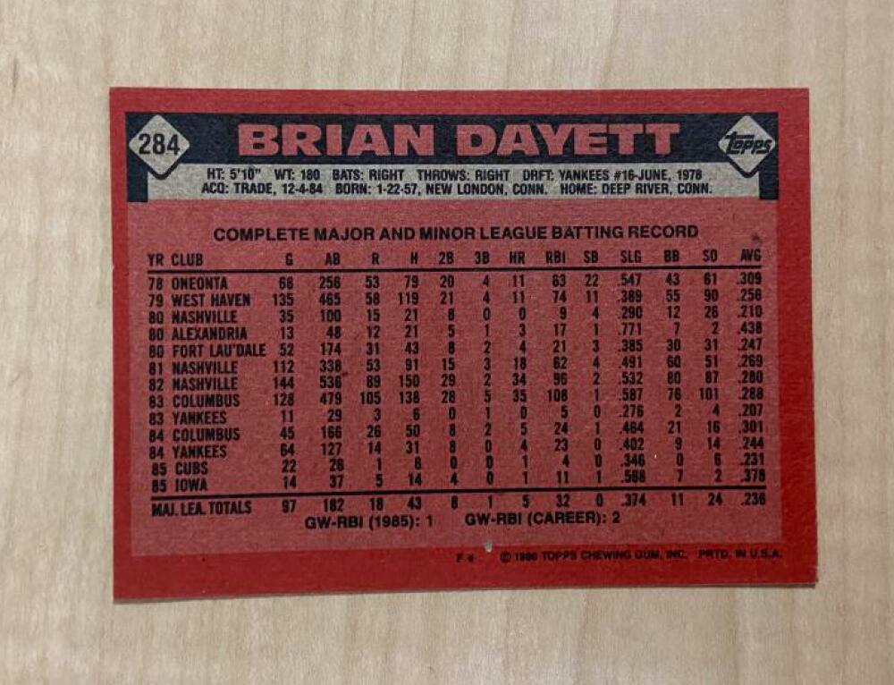 BRIAN DAYETT CHICAGO CUBS SIGNED AUTOGRAPHED 1986 TOPPS CARD #284 W/COA ...