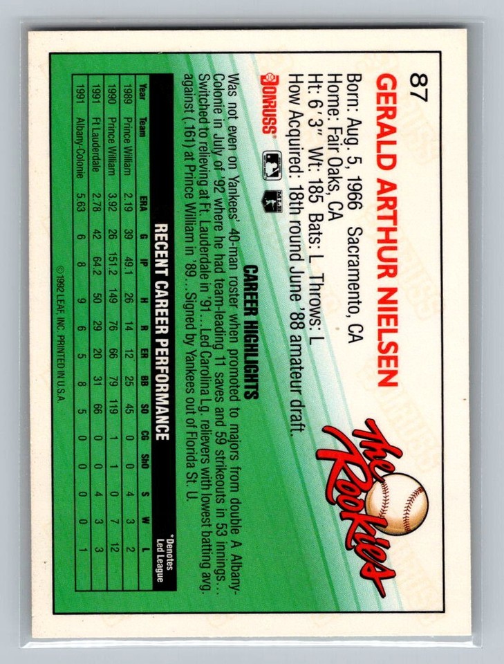 1992 Donruss The Rookies Jerry Nielsen #87 Baseball New York Yankees ...