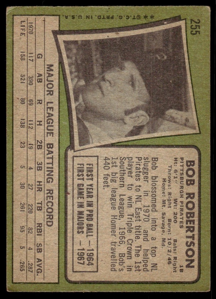 1971 Topps Baseball Card Bob Robertson A Pittsburgh Pirates #255 | eBay