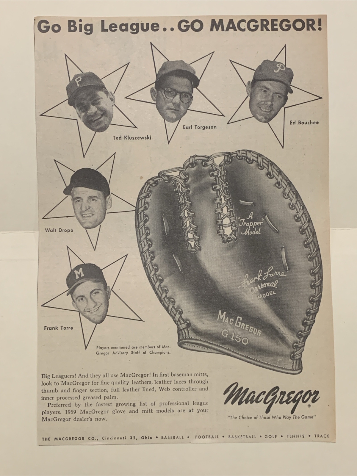 MacGregor Gloves Earl Torgeson Ed Bouchee 1959 Sporting News Baseball ...