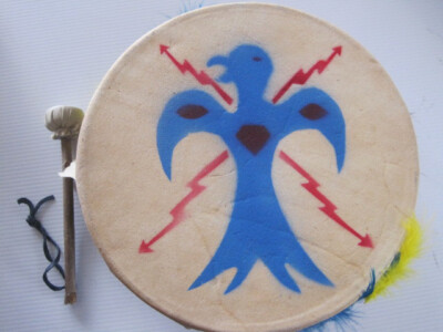 Native American rawhide wood, feather DRUM w/ beater Cherokee, Qualla ...