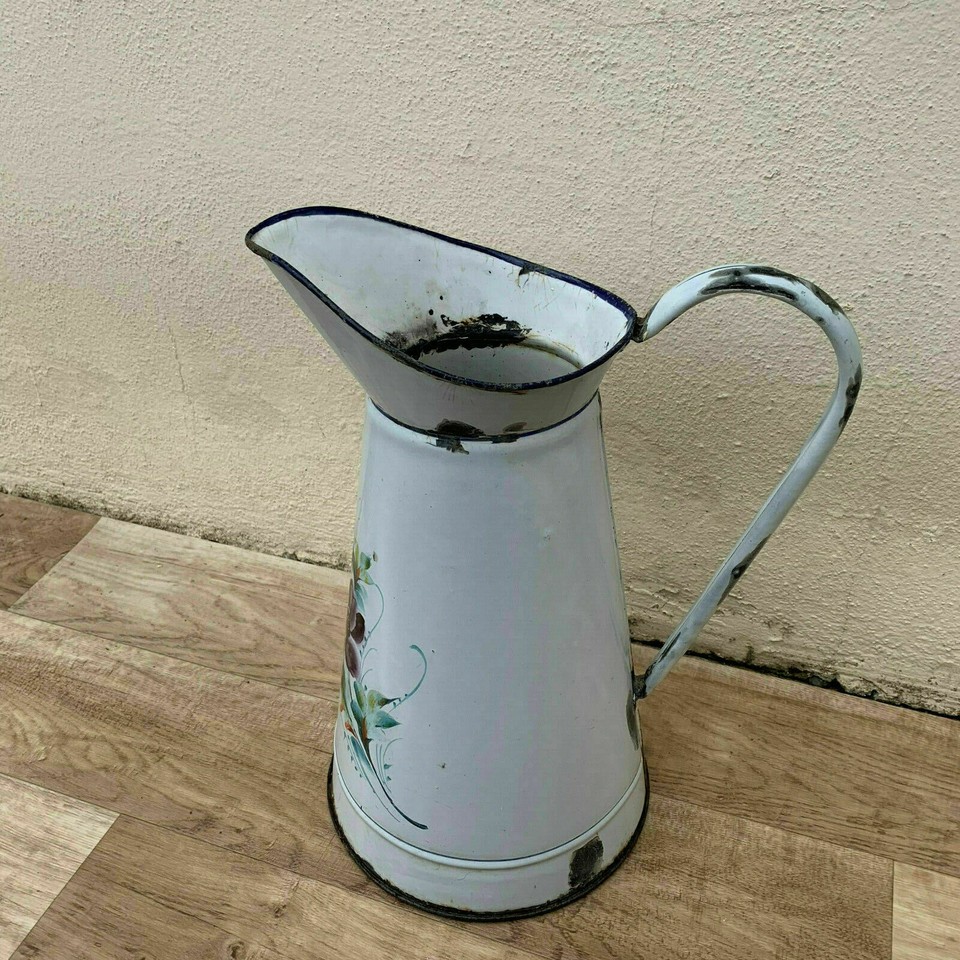 Vintage French Enamel pitcher jug water enameled white flowers 0604194 ...