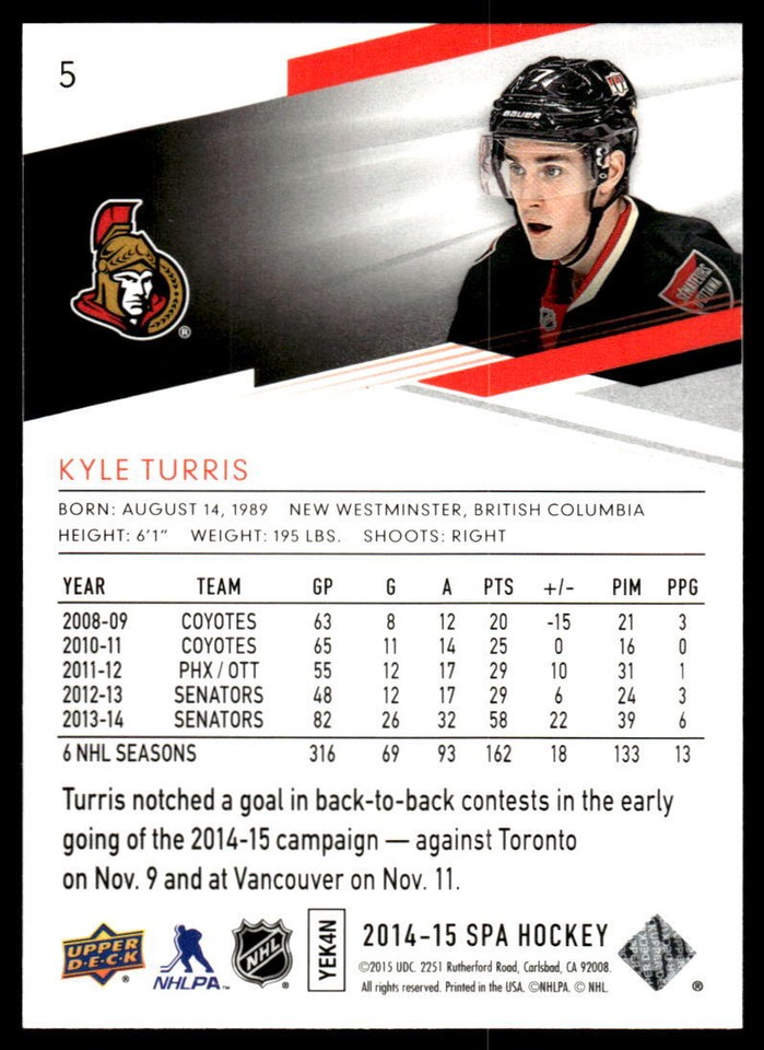 2014-15 SP Authentic #5 Kyle Turris Ottawa Senators Hockey Card | eBay
