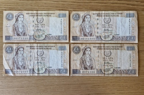 Cypriot Pound Banknote four x £1 notes, 2001 x 3, 1998 x 1, delivery to ...