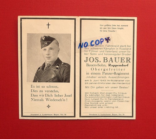 WW2 German Death Card Sterbebild Panzer Regt KIA 1943 Russia | eBay