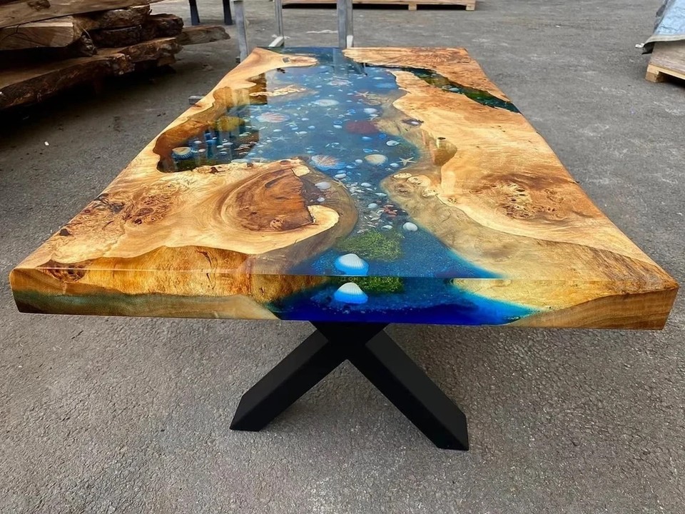 Custom Blue Epoxy Resin River Table with Shells – Dining, Coffee, Side ...