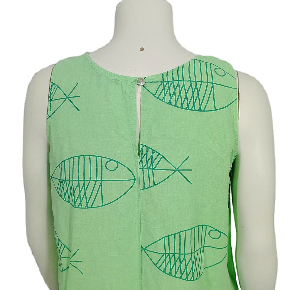 Vasna Italy L Dress Lime Green Fish Motif Linen Sleeveless Keyhole ...