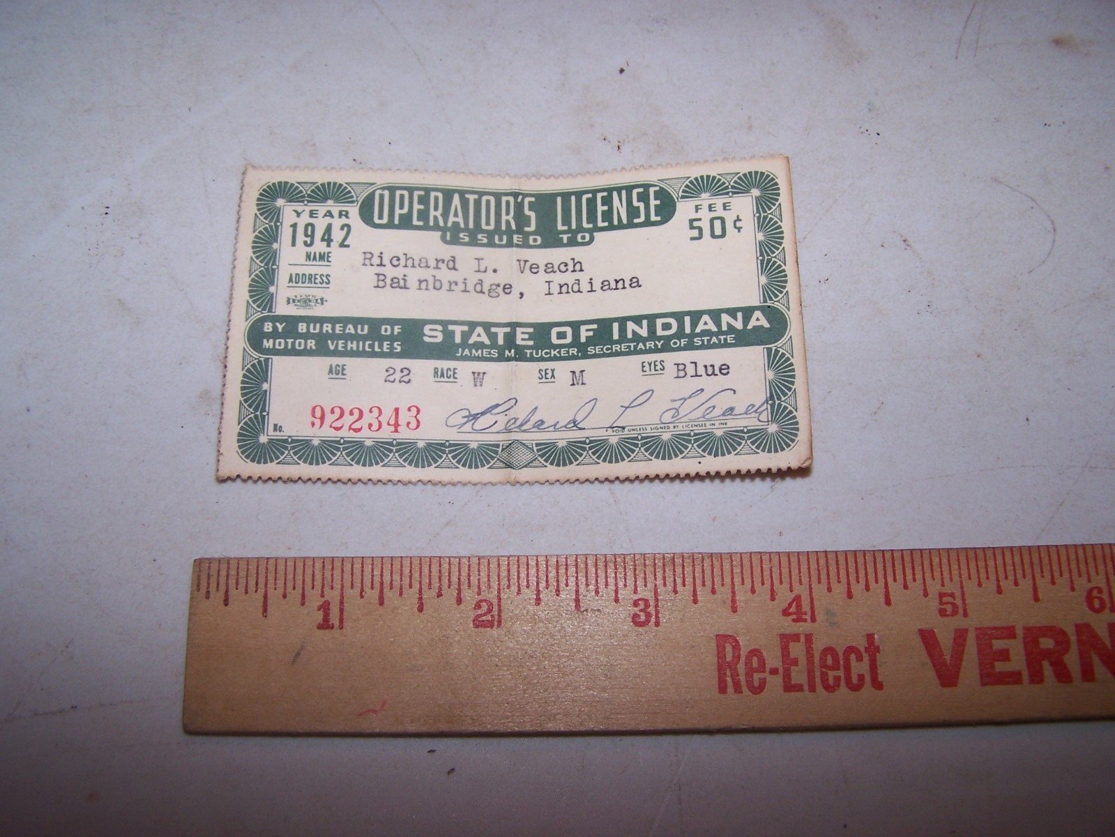 1942 INDIANA Operators Drivers License - Richard Veach Bainbridge IN | eBay
