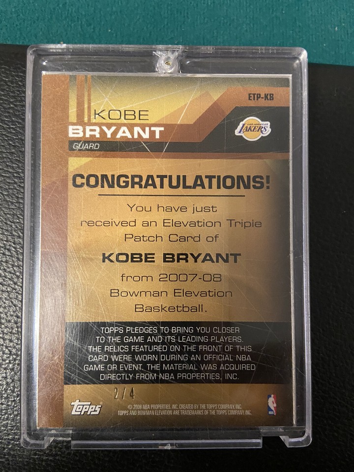 2007-2008 Bowman Elevation Kobe Bryant Triple Game worn patch numbered ...