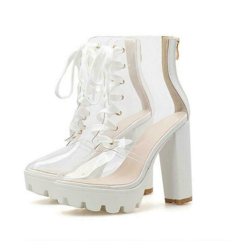 PVC Sandals Women Shoe Round Toe Platform High Heels Ankle Boots Lace ...