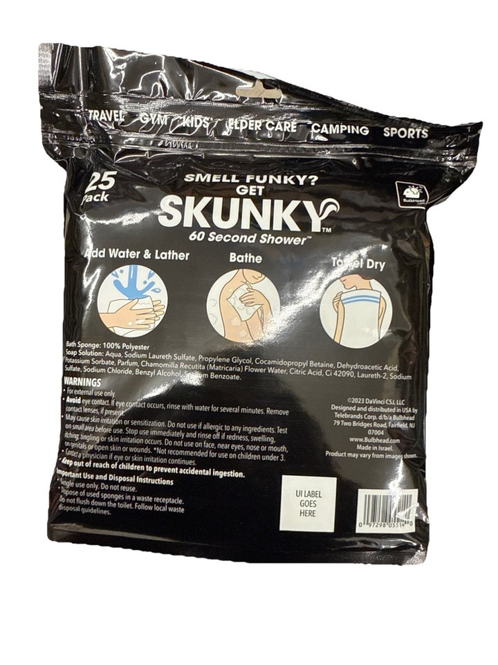 Skunky No Rinse Bathing Wipes, Cleans Without a Shower, Fast & Easy, 25 ...