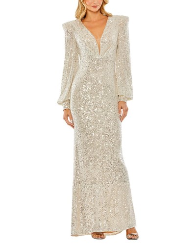 Mac Duggal Sequined Plunge Neck Structured Bishop Sleeve Gown Women's ...