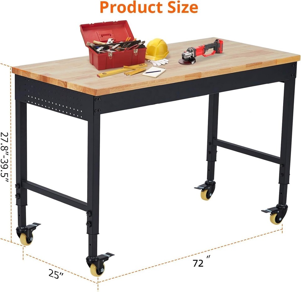 Adjustable Height Workbench, Heavy Duty Rubber Wood Top Mobile ...