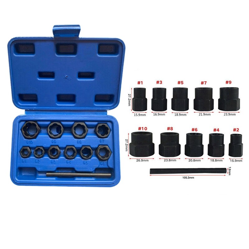 11Pcs Damaged Lug and Lock Remover Socket Set Screw Extractor Tools ...