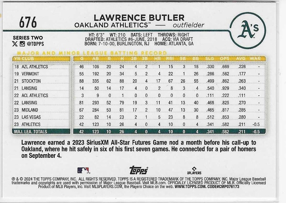 2024 Lawrence Butler Topps Series 2 RC Rookie Card Oakland Athletics ...