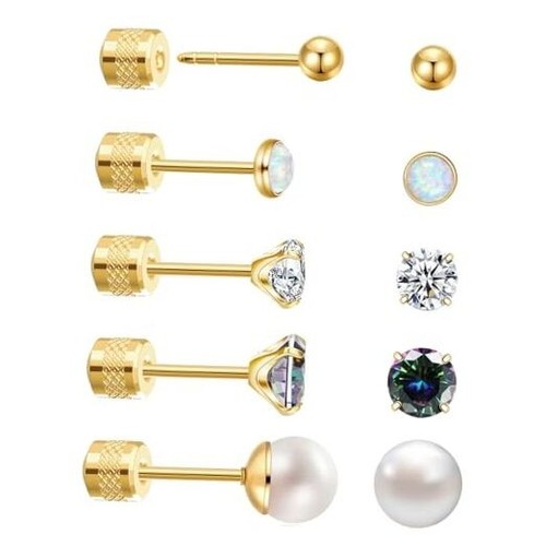 Titanium Stud Earrings, 5 Pairs Threadless Hypoallergenic Cubic 14K ...