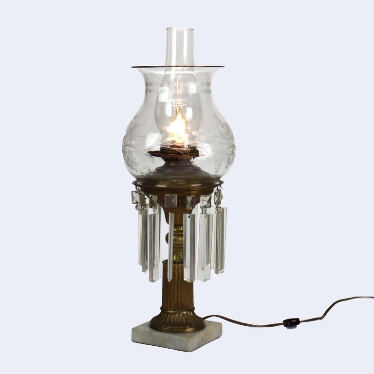 Antique Brass, Crystal & Marble Electrified Astral Lamp Etched Shade | eBay