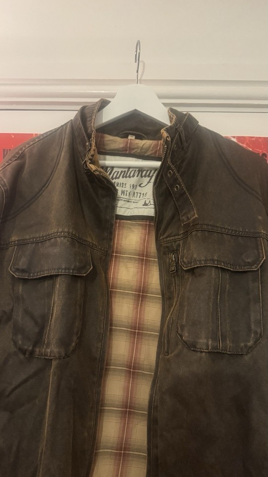 Mantaray Men's Large Brown Waxed Biker-Style Jacket Leather Jacket ...