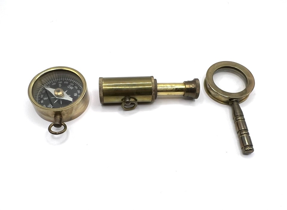 Brass Telescope Compass Magnifying Glass Navigation Boxed Set Surveying ...