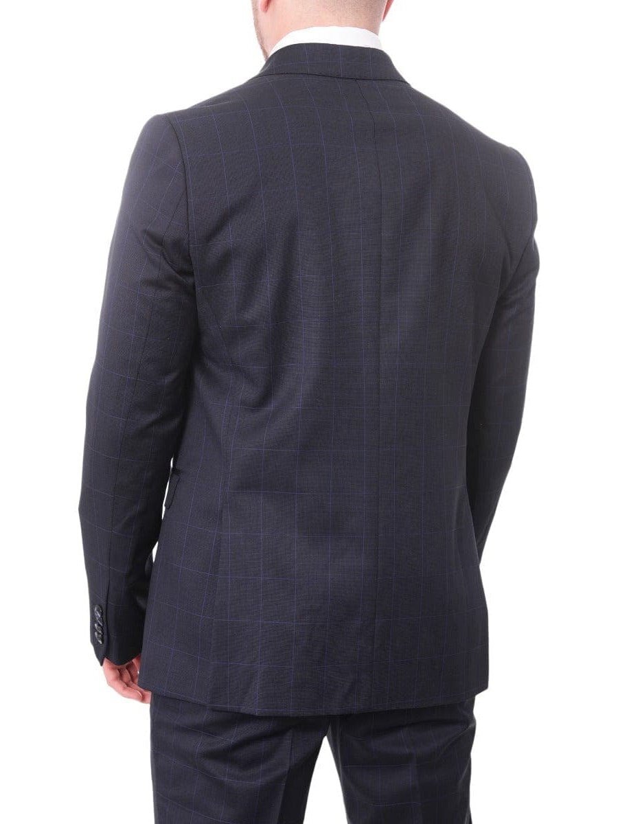 Carducci Mens Navy Blue With Light Blue Windowpane 100% Wool Slim Fit ...