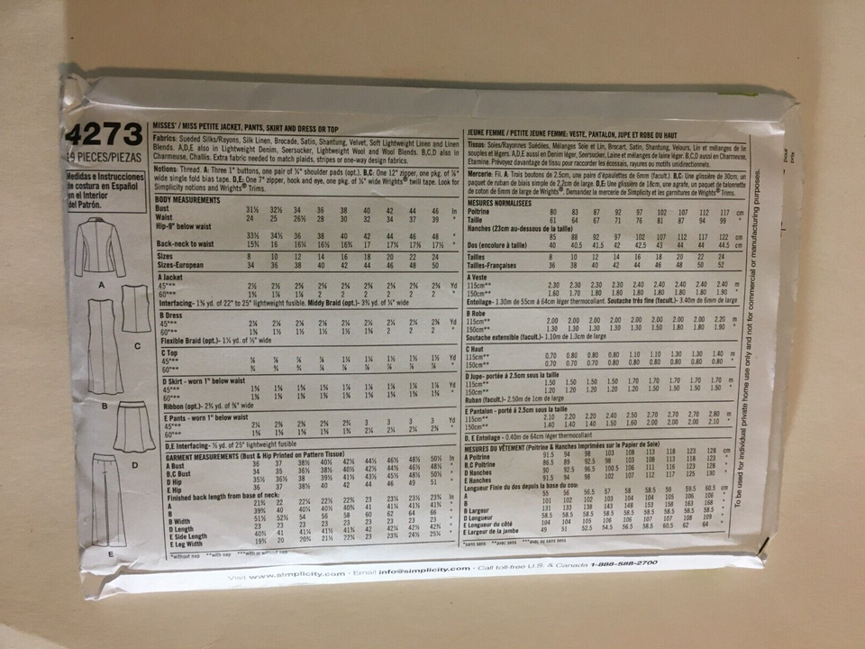Simplicity Pattern 4273 Dress Top Pants Skirt Jacket Sizes 16 to 24 ...
