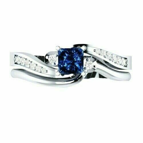 2.60Ct Princess Cut Blue Sapphire Engagement Wedding Ring Set in 14K ...