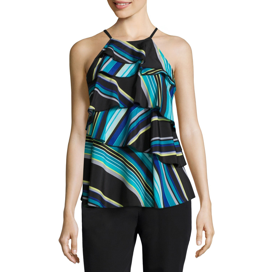 Worthington Sleeveless Tiered Ruffle Tank Top Size PS Black Turquoise ...